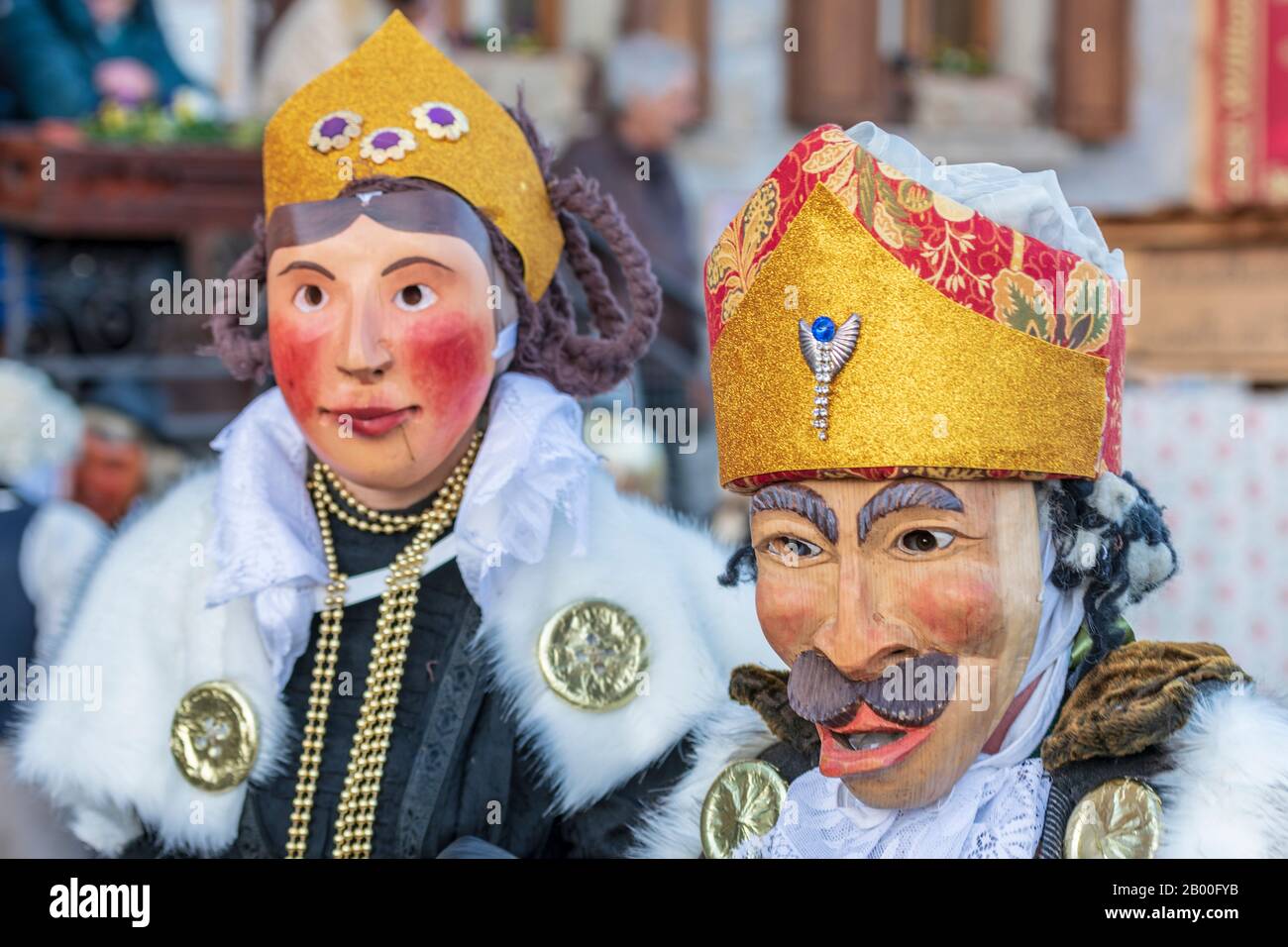 Ancient carnival of Sauris. Traditional wooden masks. Italy Stock Photo ...