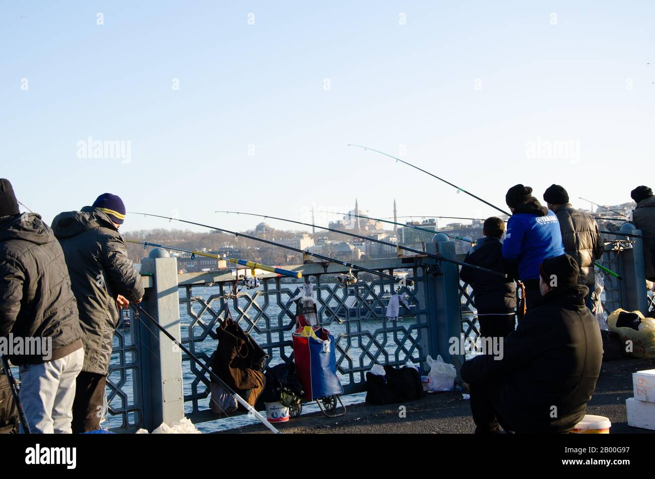 ISTANBUL, TURKEY - January 25, 2020: Fishermen are catching fish at ...