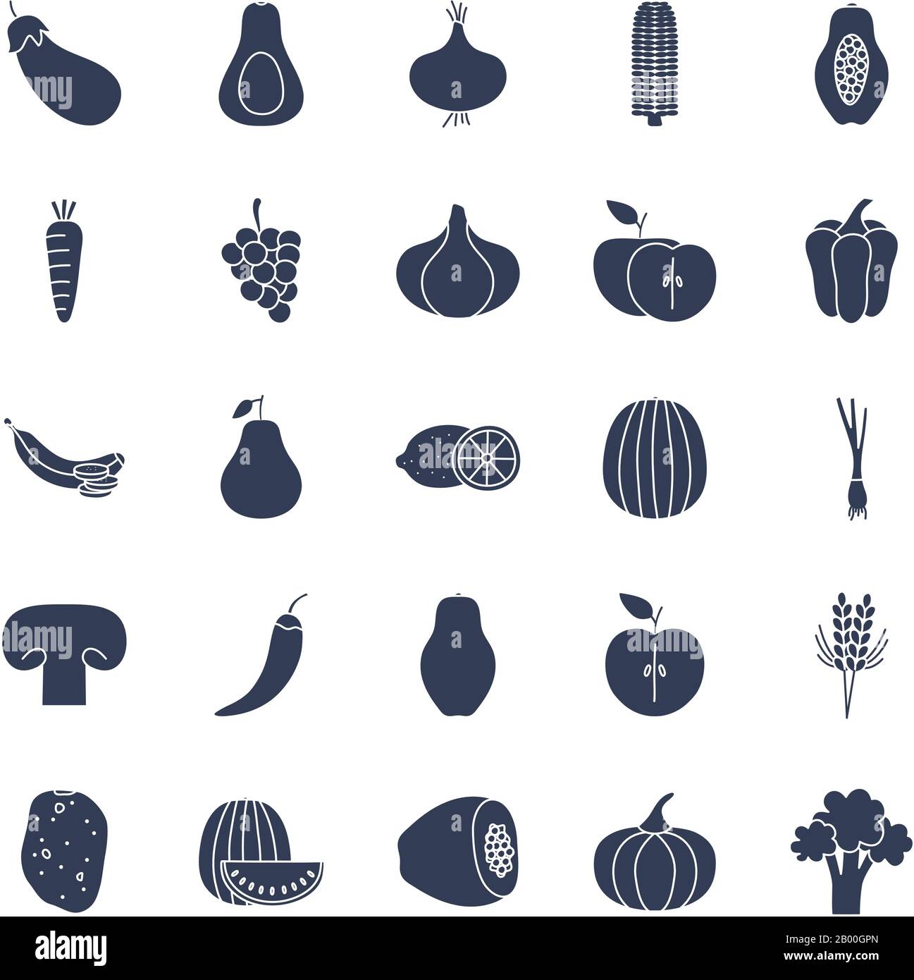 Fruits and vegetables silhouette style icon set design, healthy organic ...