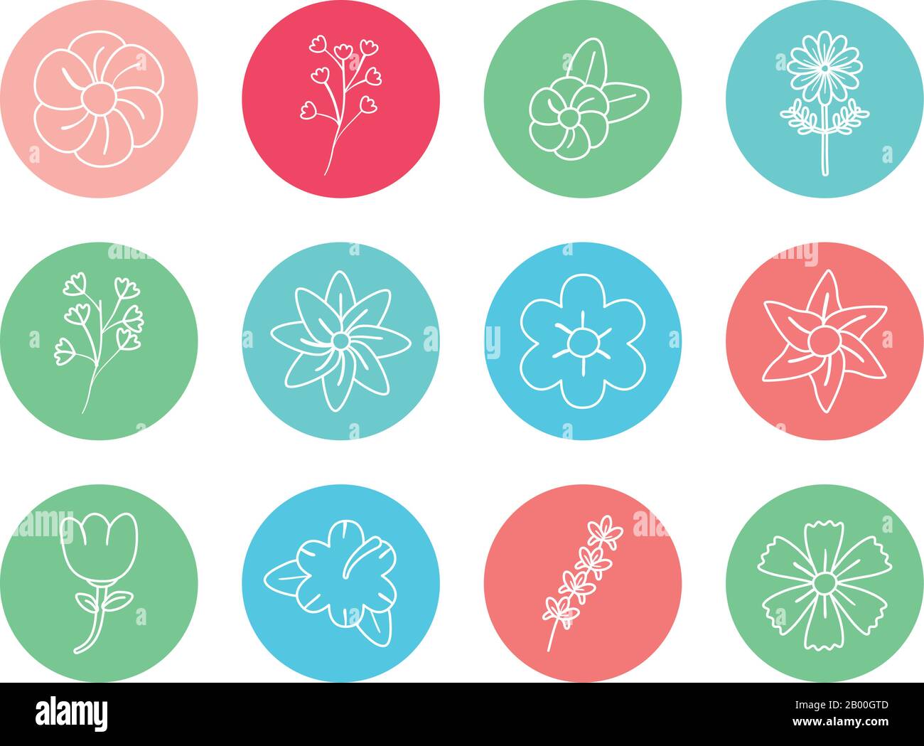Flowers inside circles line block style icon set design, floral nature ...