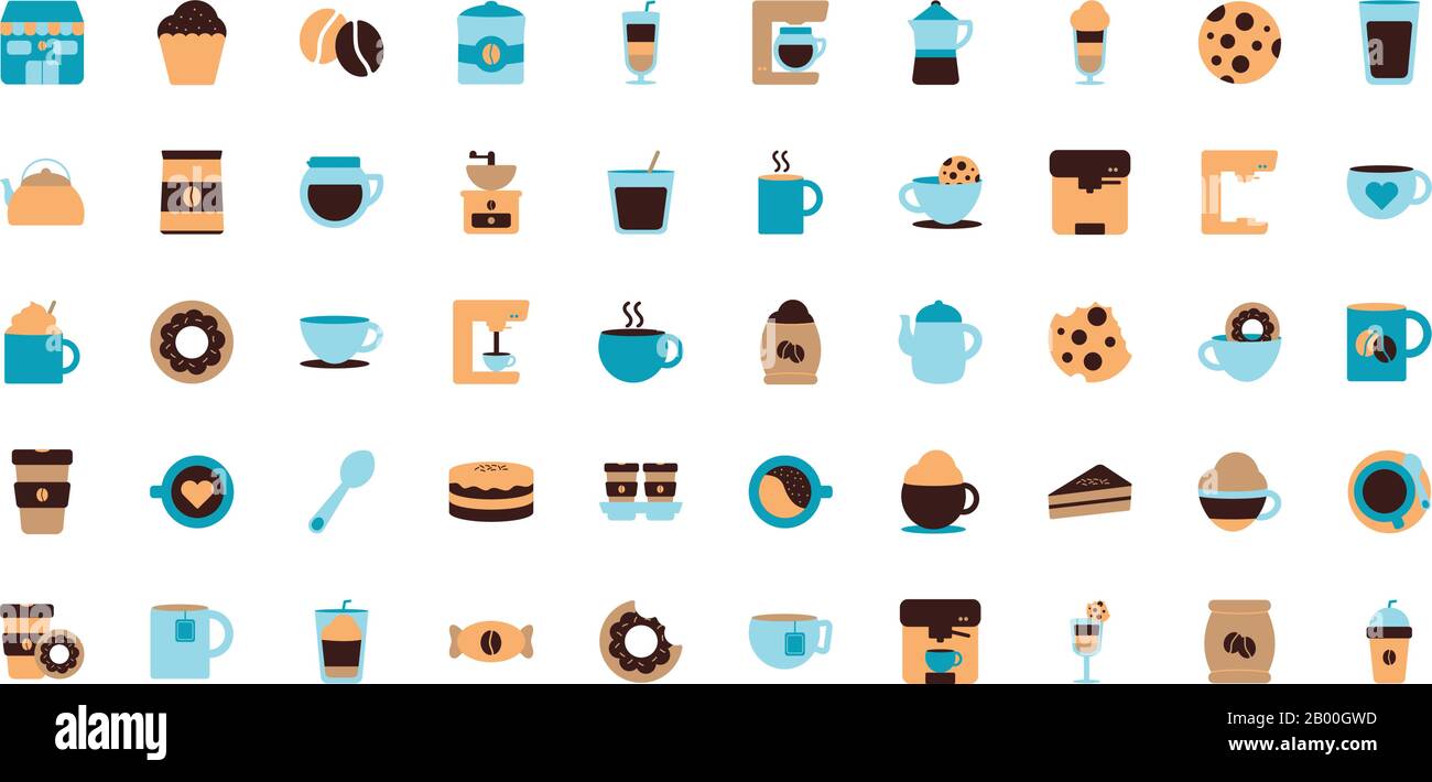 Coffee flat style icon set design of time drink breakfast beverage ...