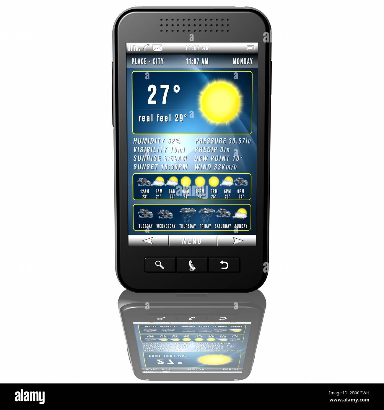 3D illustration. Smartphone weather application. Isolated on white ...