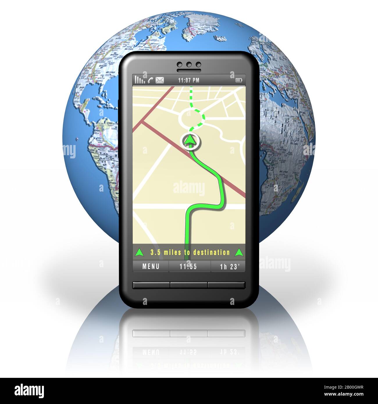 3D illustration. Smartphone with navigation system application. Maps ...
