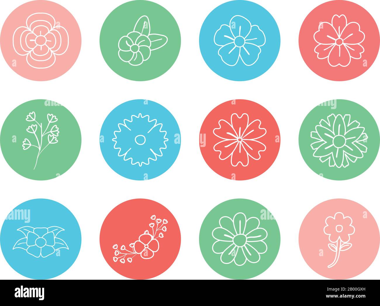 Flowers inside circles line block style icon set design, floral nature ...