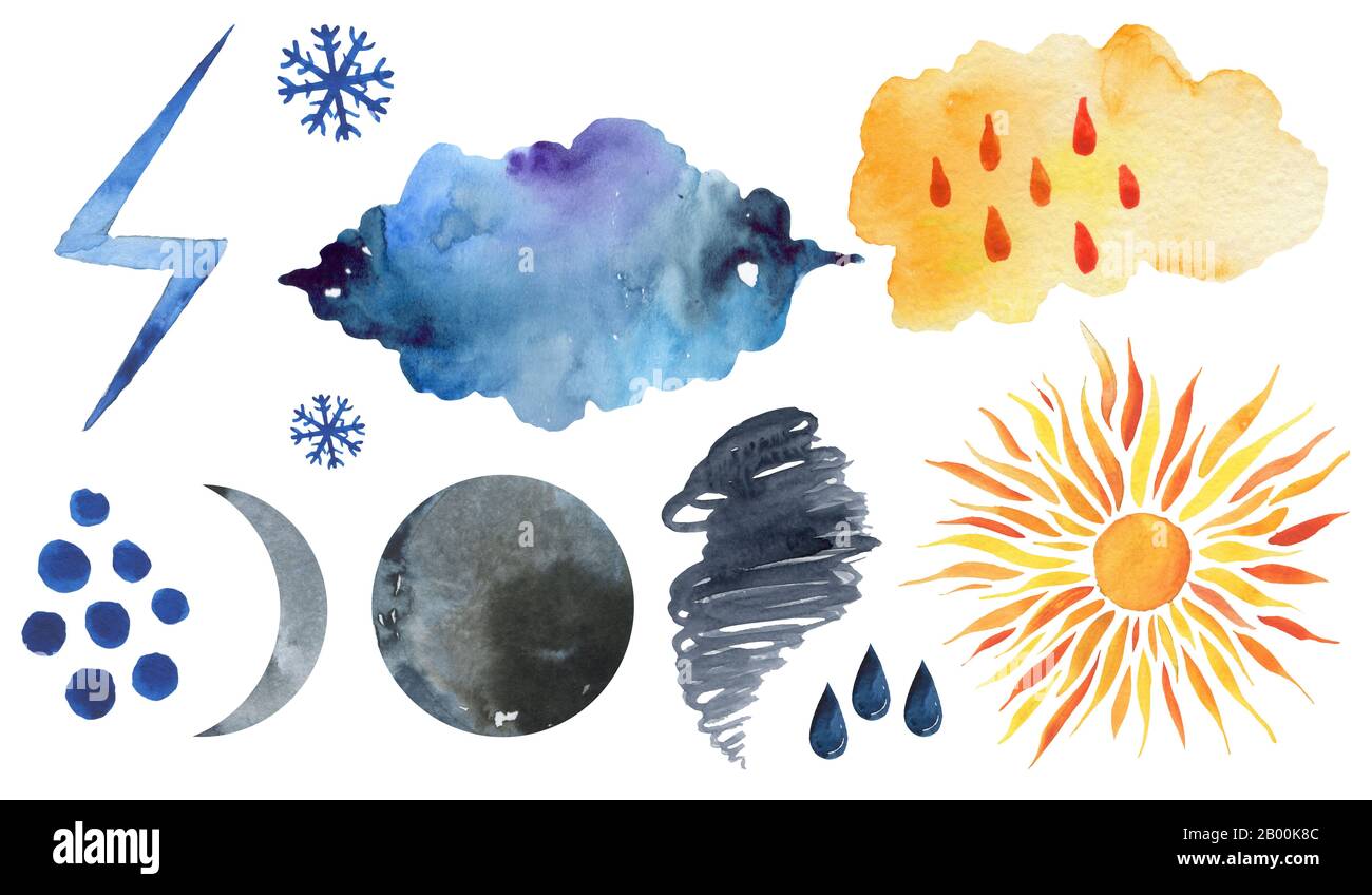 Cute weather icons. Forecast meteorology watercolor symbols Stock Photo ...