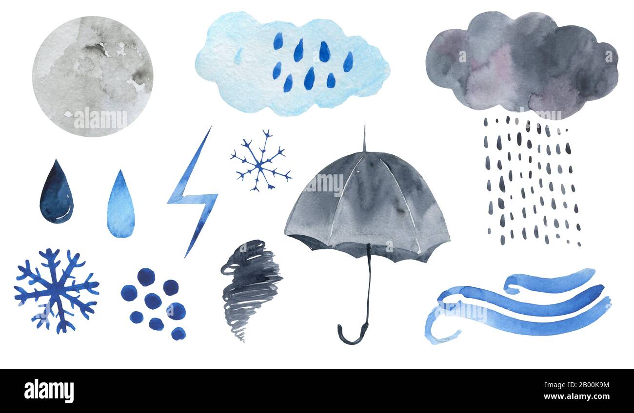 Cute weather icons. Forecast meteorology watercolor symbols Stock Photo ...