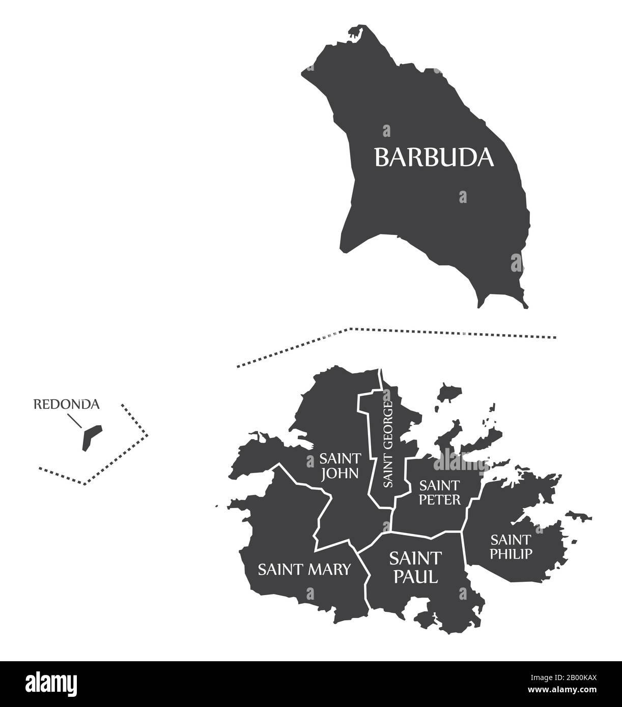 Antigua and Barbuda map with parishes and labels black Stock Vector ...