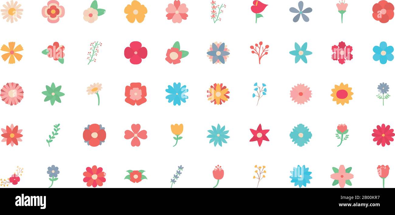 Flowers flat style icon set design, floral nature plant ornament garden ...