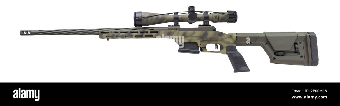 Precision rifle and high power optic isolated on a white background ...