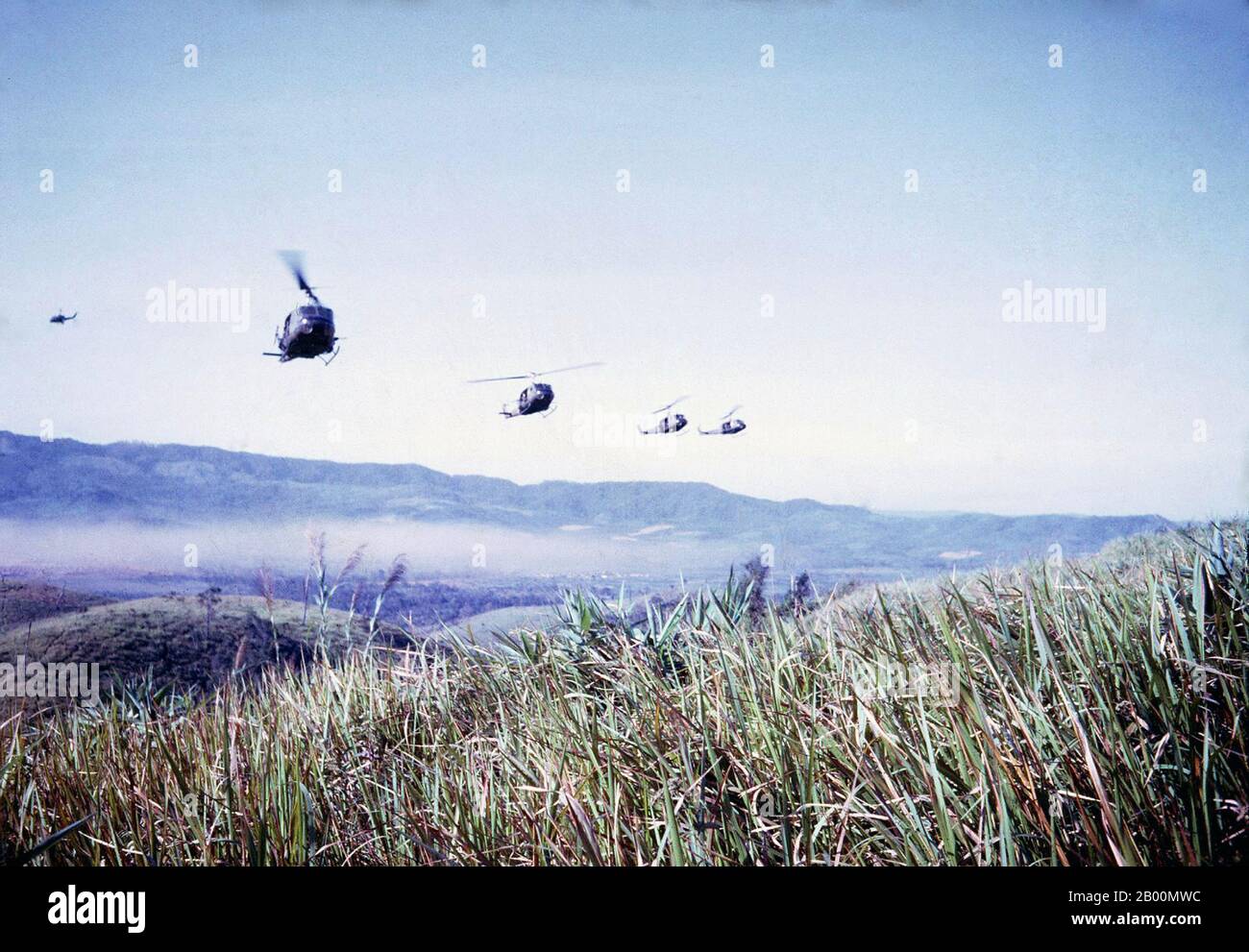 Vietnam: US Huey helicopters approaching landing zone at Dak To ...