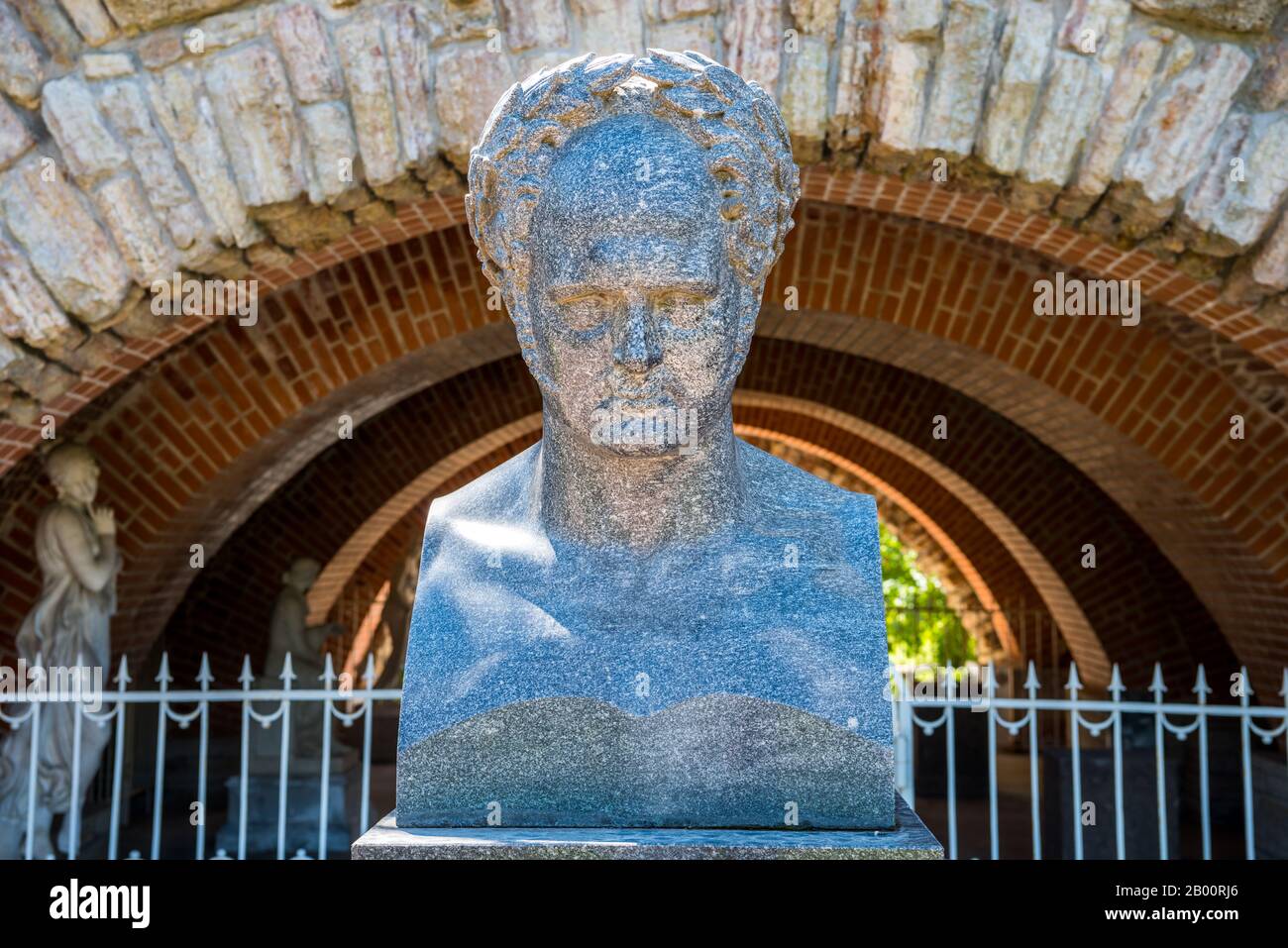 A statue in The Catherine Palace, a Rococo palace located in the town ...