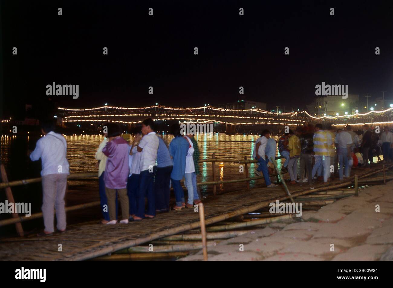 Thailand: Crowds watch the fireworks over the Ping River, Loy Krathong ...