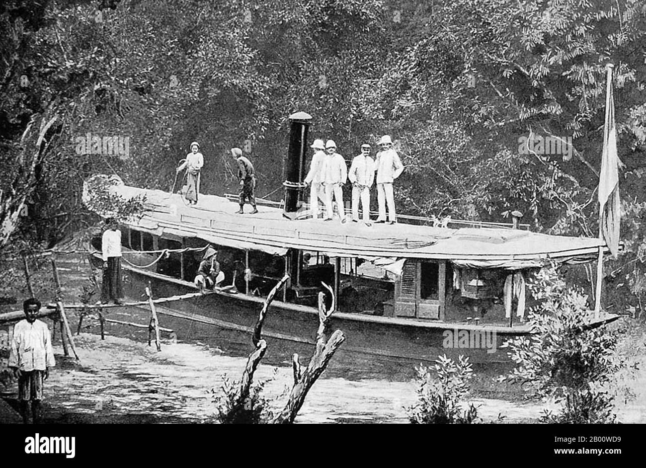 Laos: French steamer on a Mekong tributary in southern Laos, colonial ...