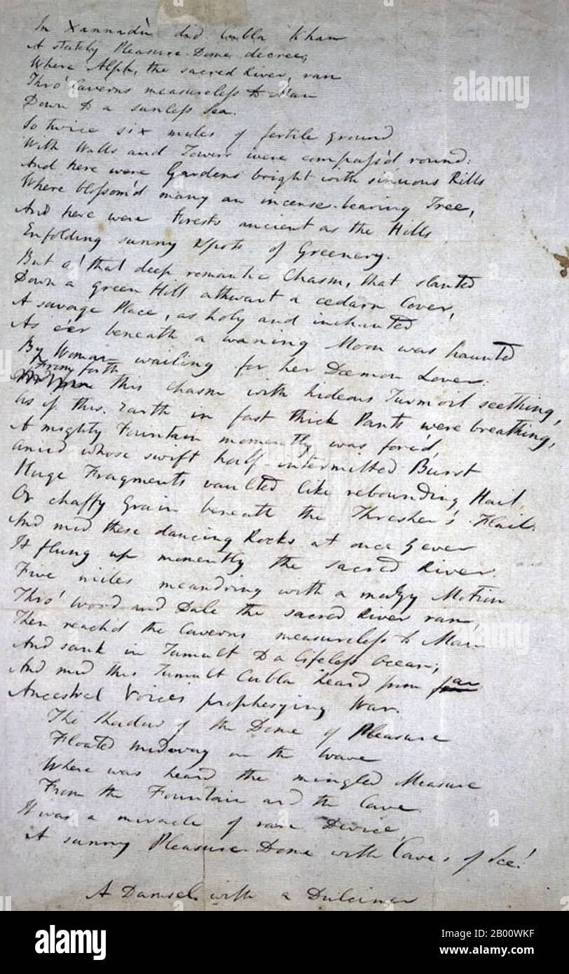 England: Draft of Samuel Taylor Coleridge's poem 'Kubla Khan', 1797 ...
