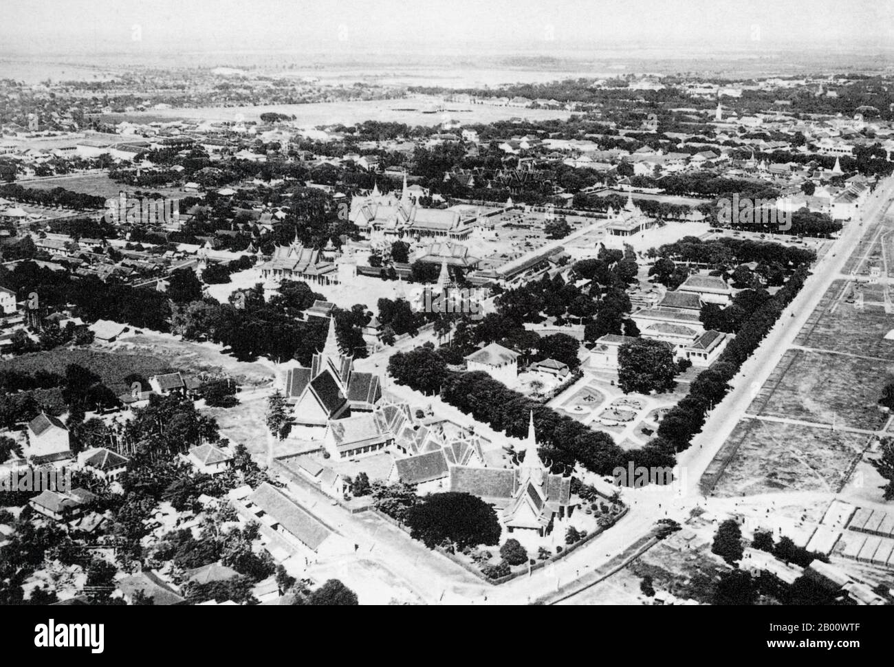 Cambodia: An aerial view of Phnom Penh in 1930. Situated on the banks ...