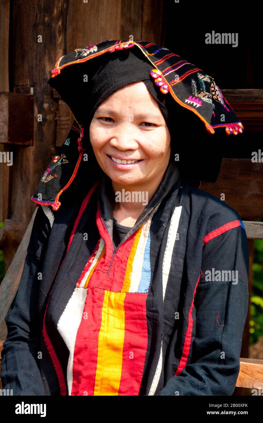 Thailand: Black Tai woman in traditional dress and headdress, Ban Na Pa ...