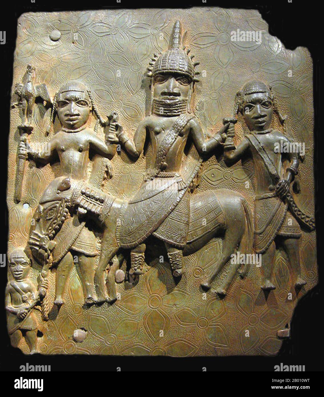Nigeria: Bronze representation of Edo ruler on horseback accompanied by ...