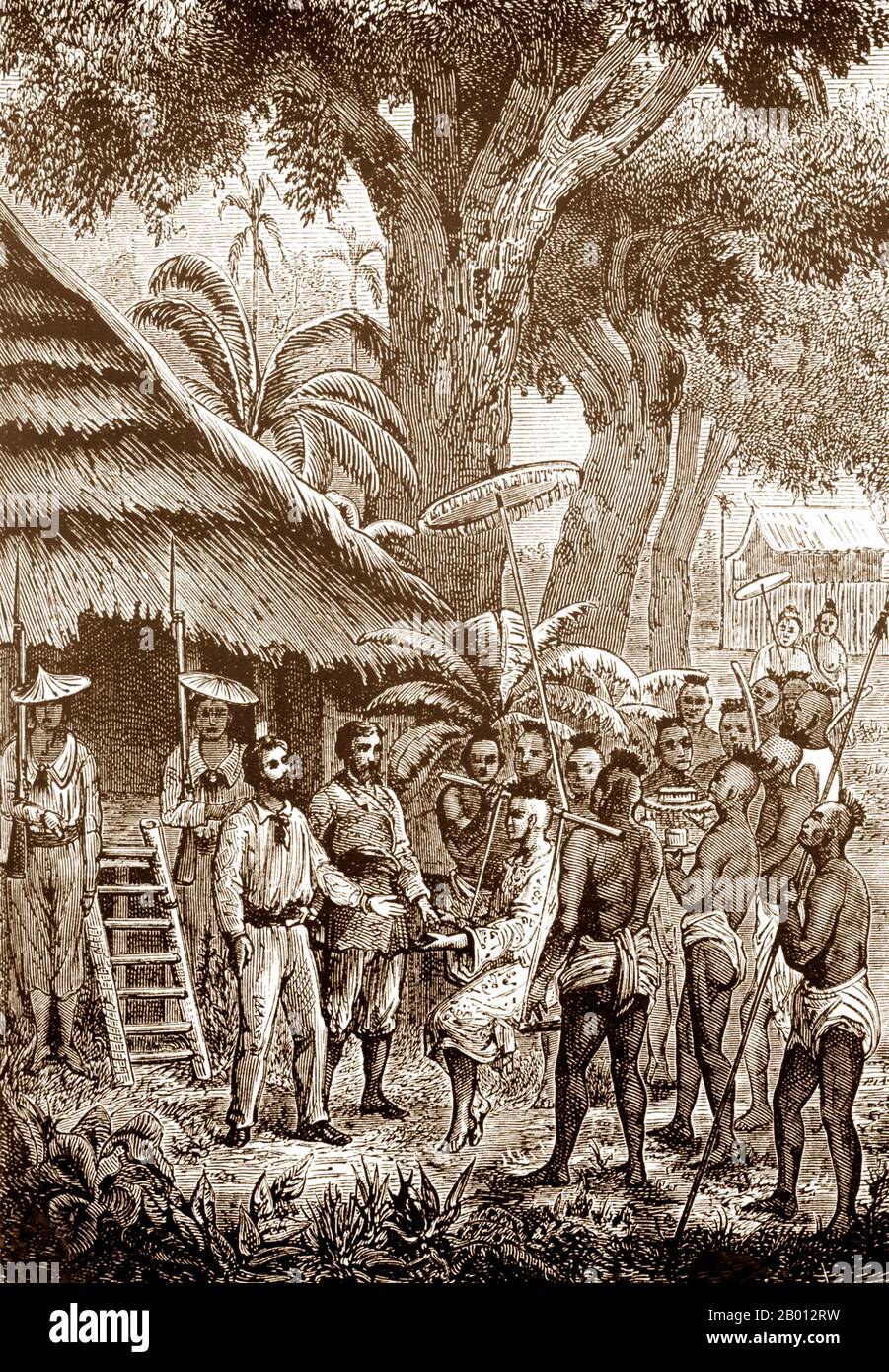 Laos: The King of Champasak visiting a French expedition at their camp ...