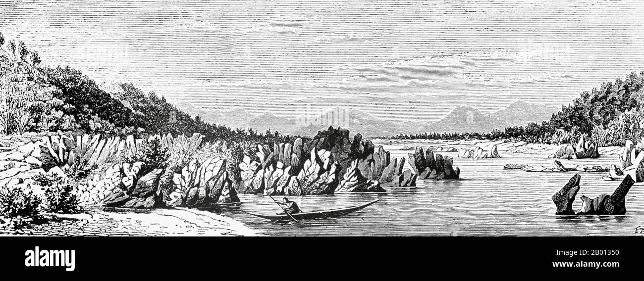Laos: A rocky riverbank on the Mekong River in southern Laos. Engraving ...
