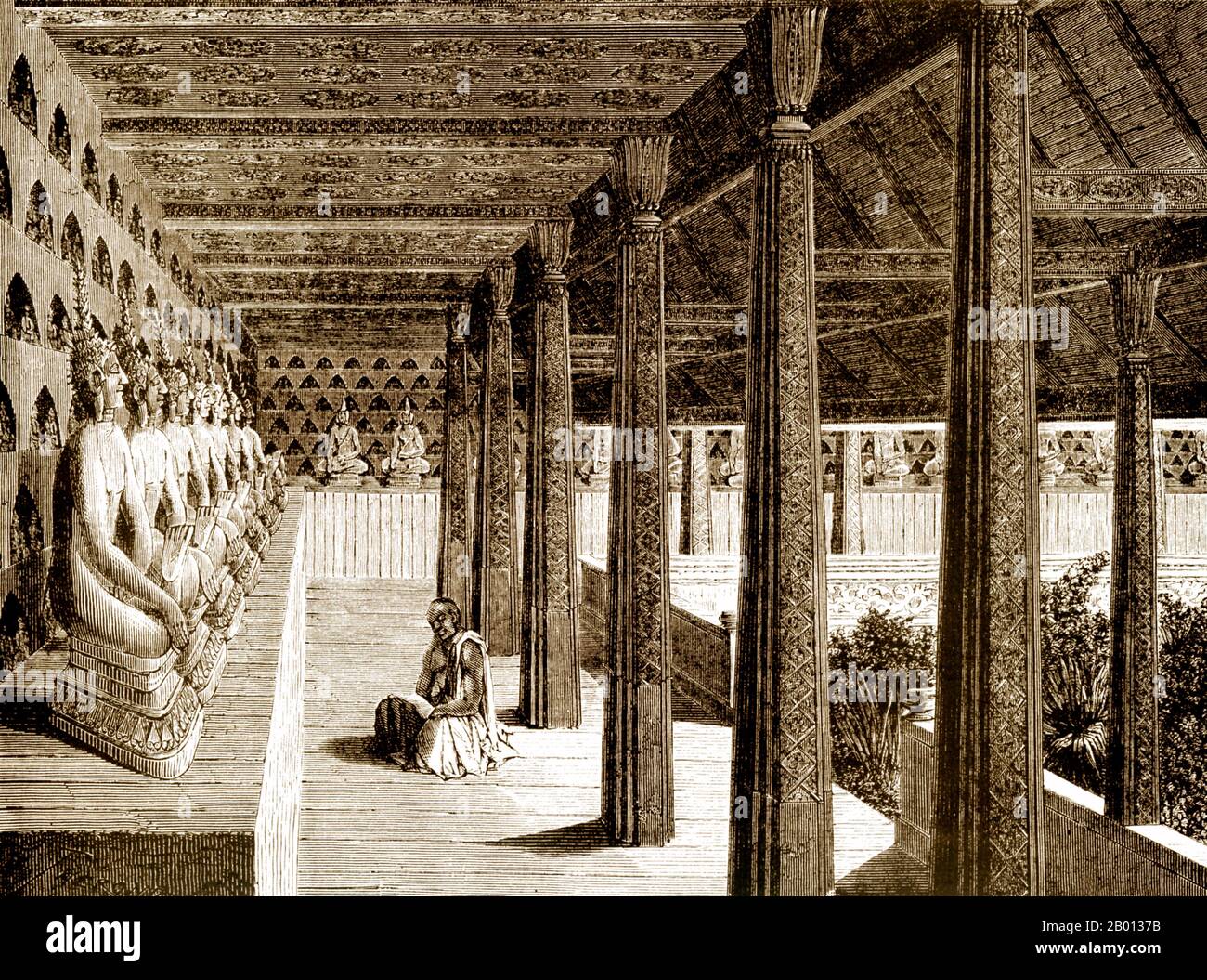 Laos: A Buddhist monk in prayer at Wat Si Saket in Vientiane, redrawn ...