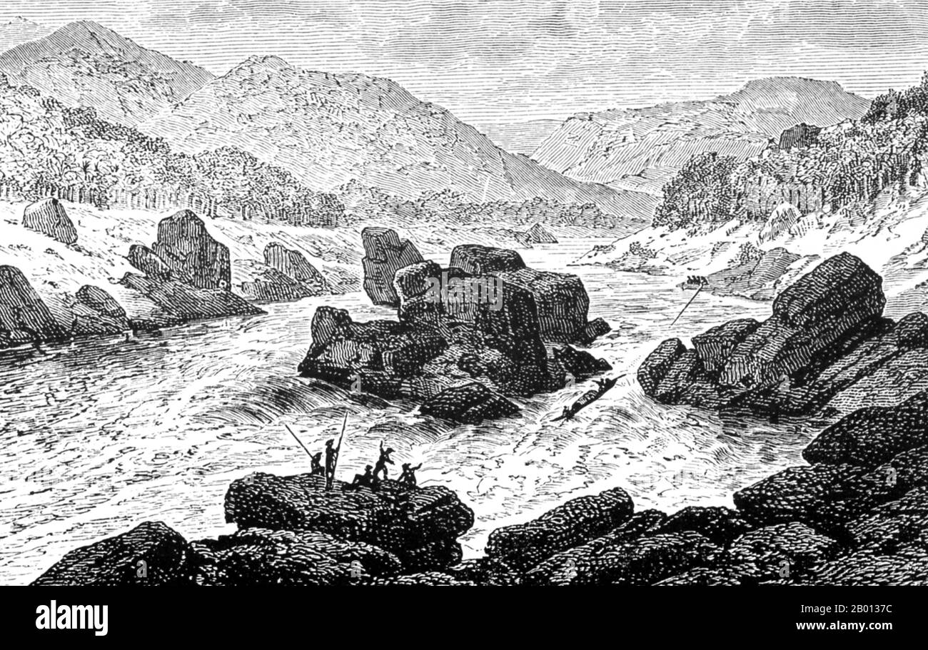 Laos: A French expedition negotiates rapids at Keng Saniok on the ...