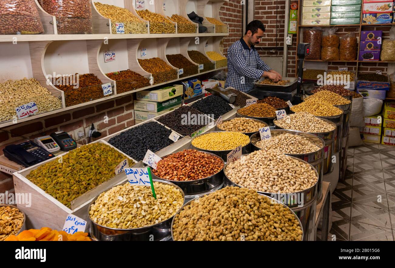 Tabriz, Iran - May 12, 2019: Great Bazaar in Tabriz with man in a nuts ...