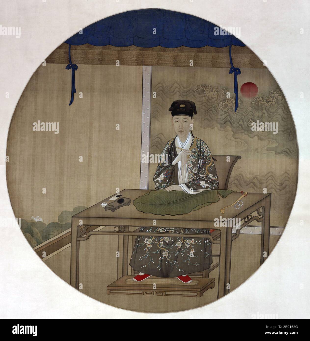 China: 'Prince Hongli Practising Calligraphy on a Banana Leaf'. Hanging ...