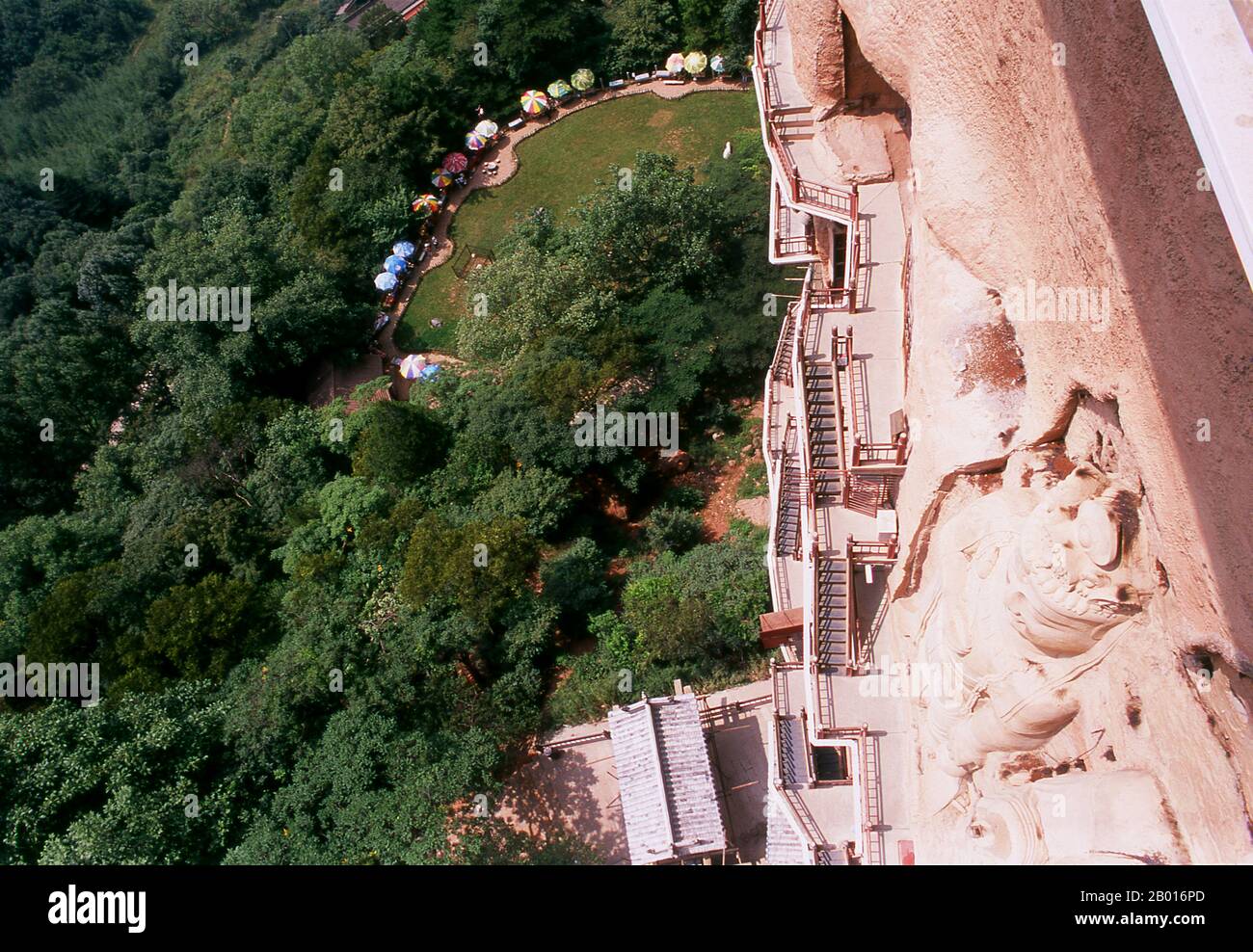 China: View over a standing Buddha down to the garden area, Maiji Shan ...
