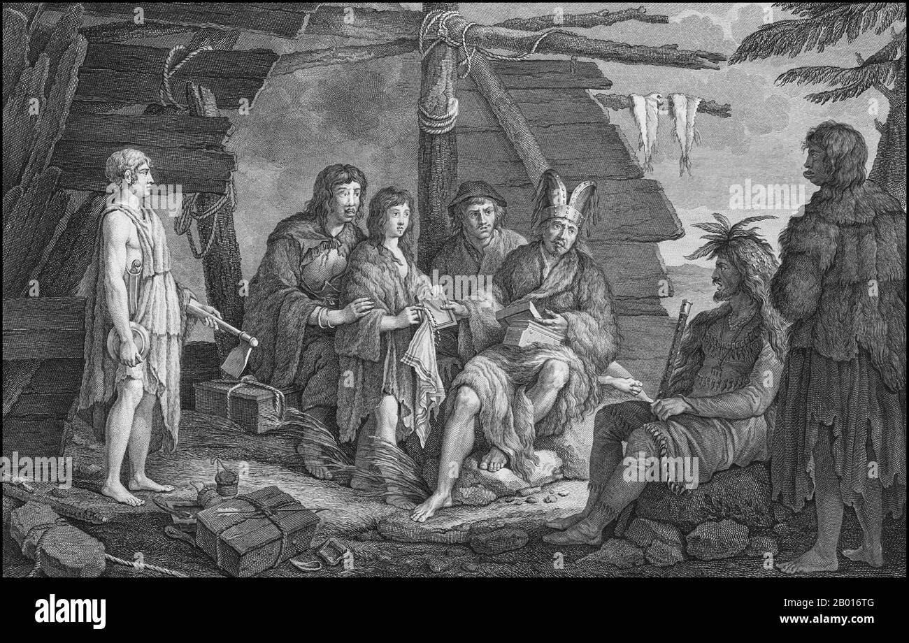 USA: Tlingit inhabitants of Lituya Bay, Alaska. Engraving from 'Atlas ...