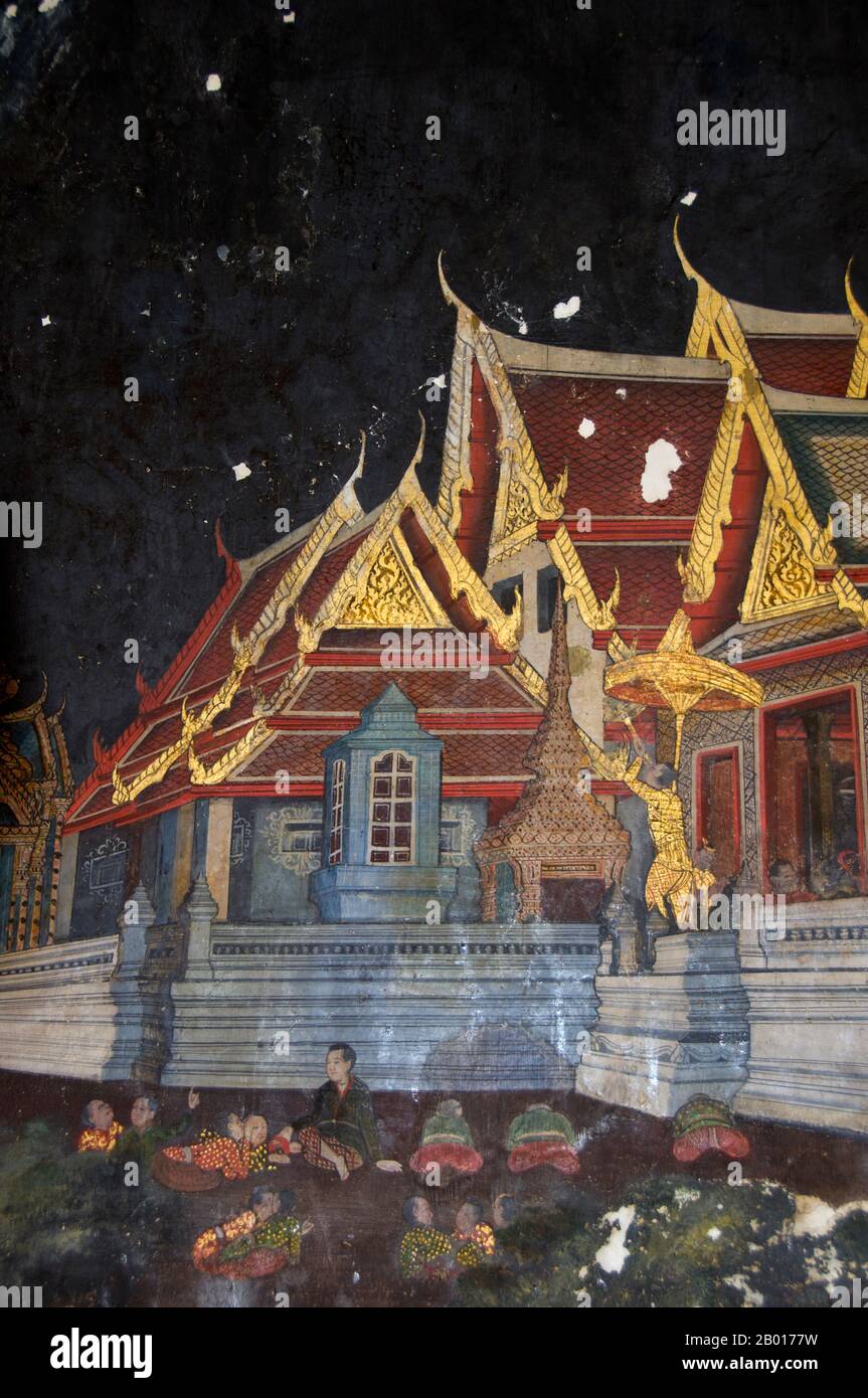 Thailand: Mural of King Mongkut (Rama IV) studying an eclipse, Wat ...