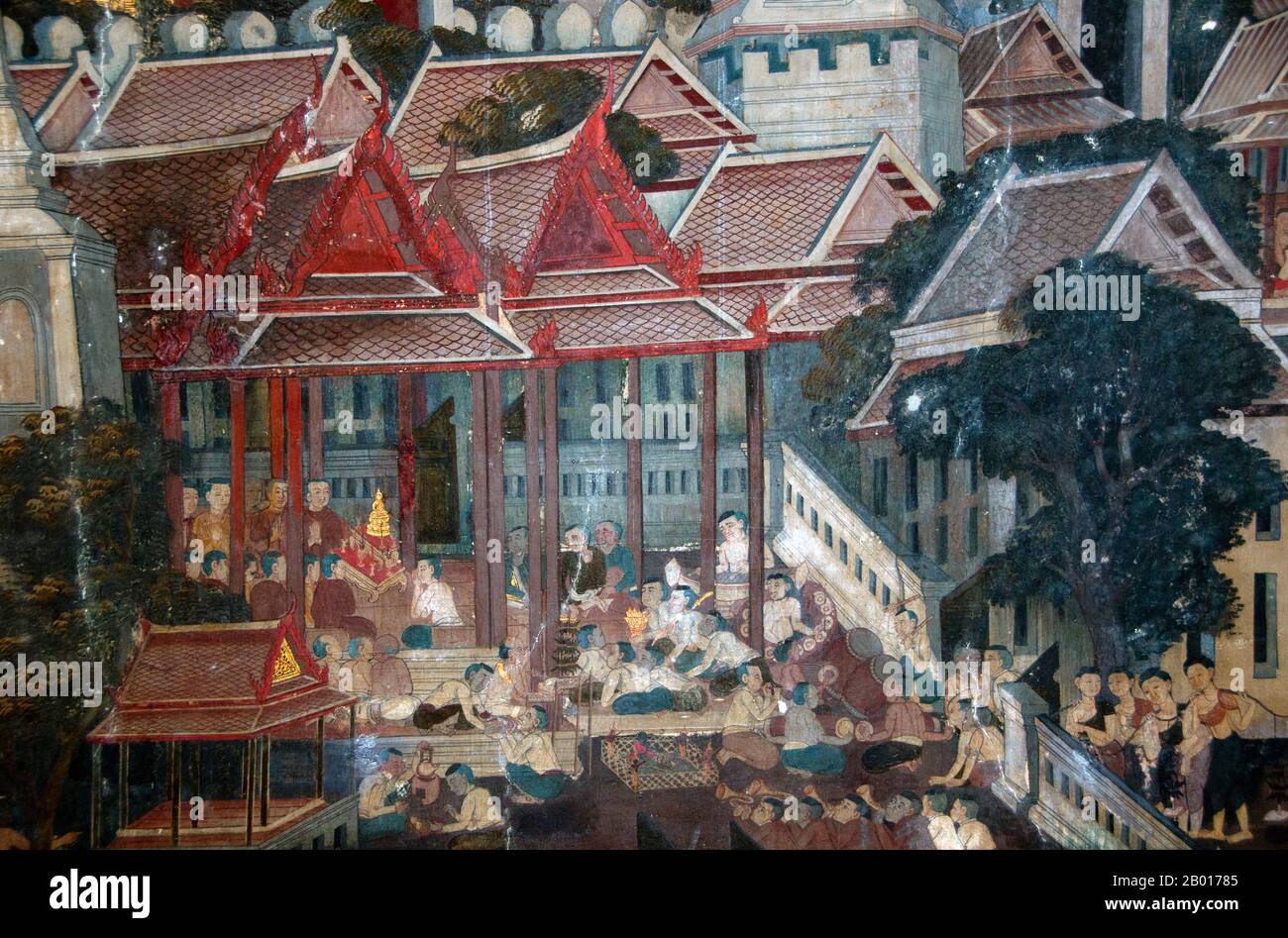 Thailand: Mural showing a Buddhist religious ceremony in the main ...