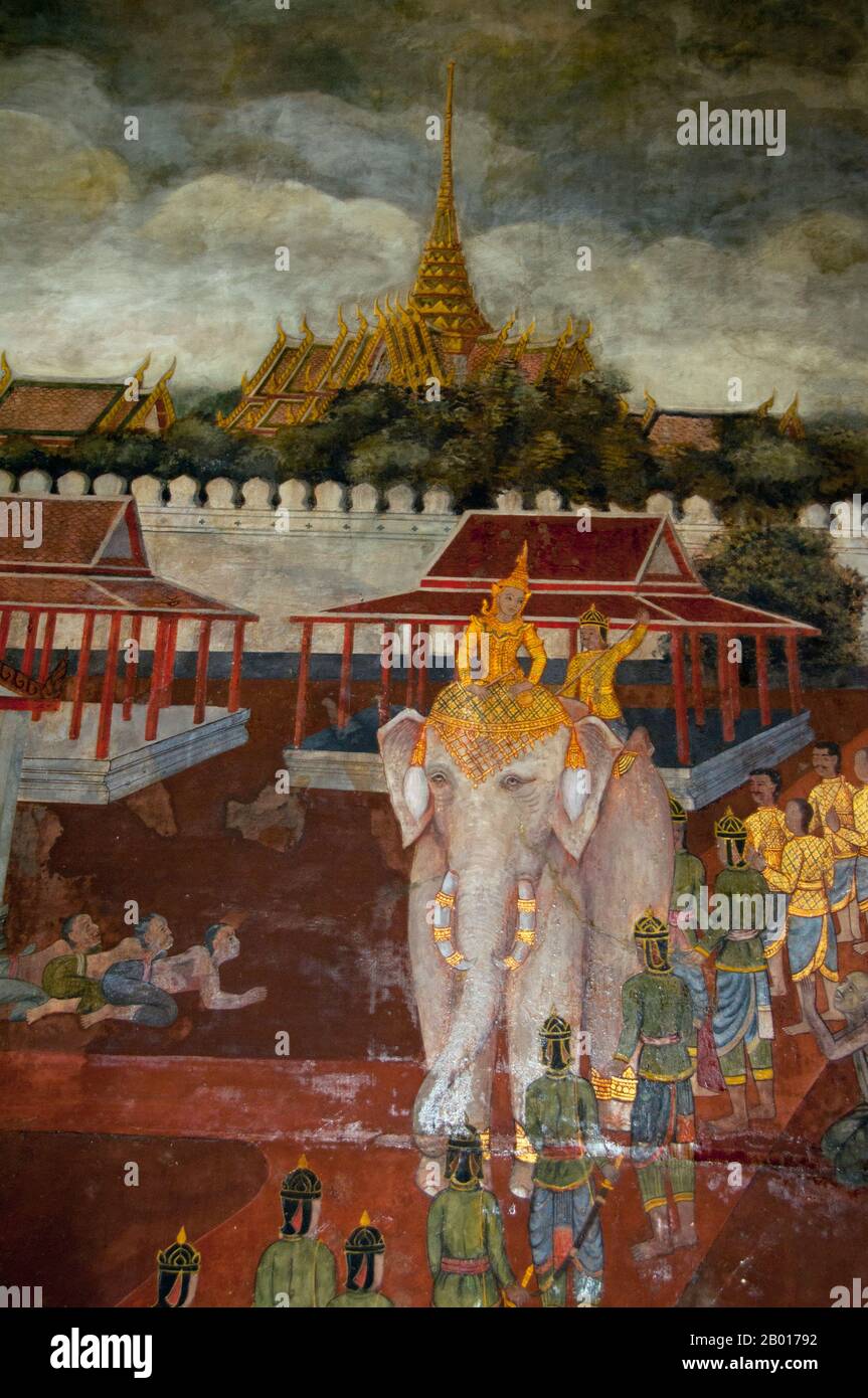 Thailand: The king on elephant back, a scene from a mural in the main ...