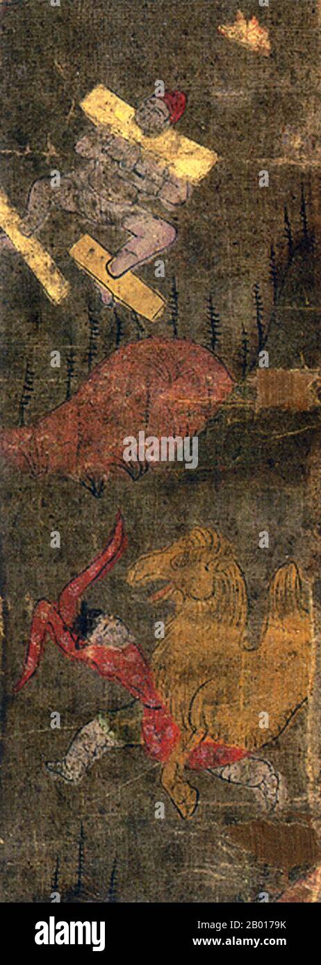 China: A man in stocks and another being attacked by a camel. Detail ...