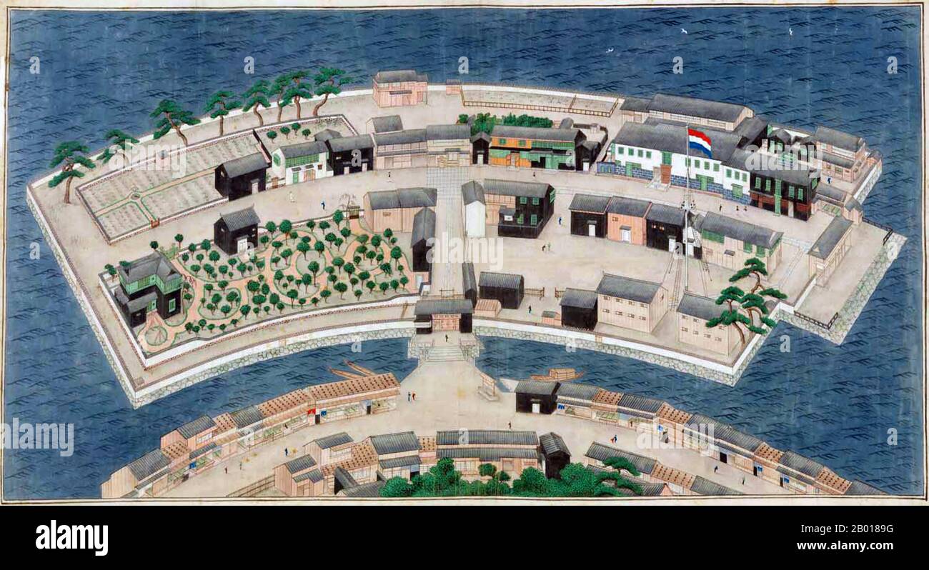 Japan: Dejima Island, Nagasaki, with the Dutch flag is flying over the island. Painting, c. 1850 ...