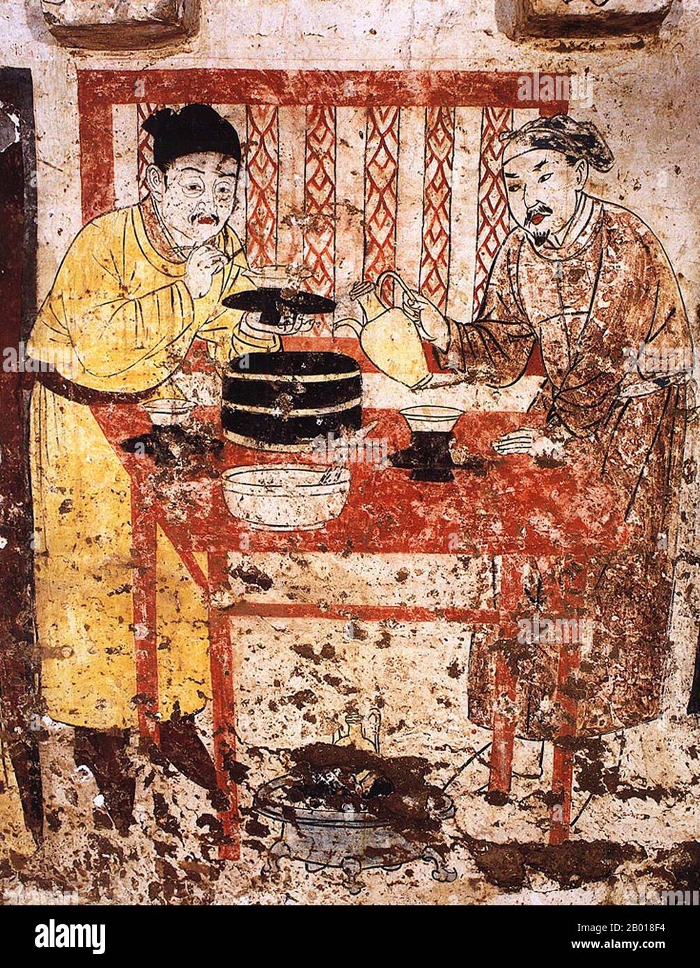 China: Two men preparing tea in a mural in the tomb of Zhang Shiqing ...
