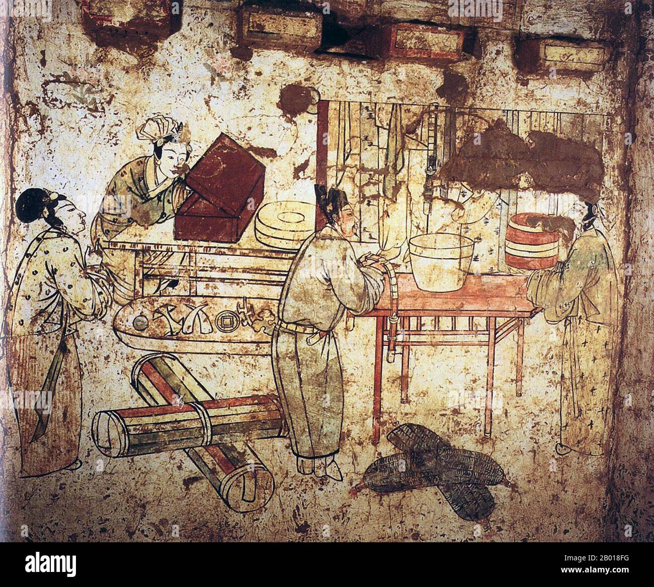 China: Domestic scene in a mural in the tomb of Han Shixun, Xuanhua ...