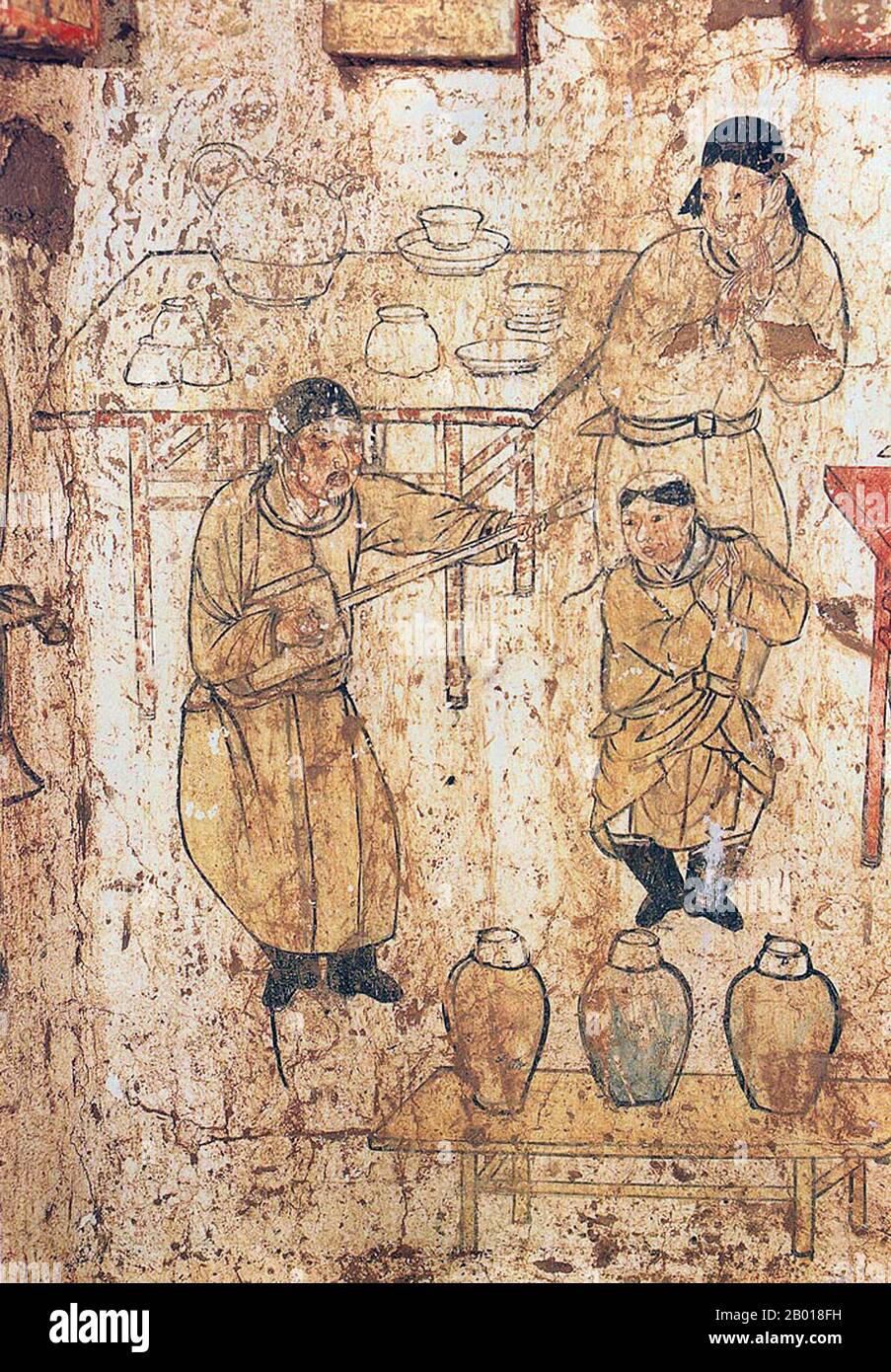 China: Musicians and a dancer in a mural in the tomb of Han Shixun ...