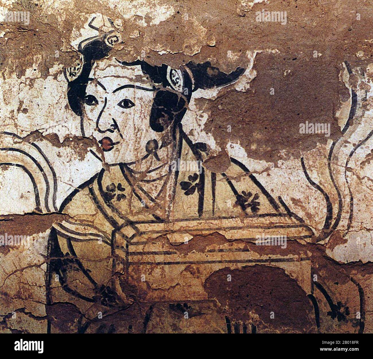 China: Preparing sutras for a religious ceremony (detail) in a mural in ...