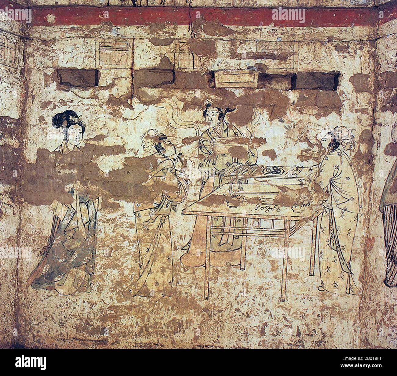 China: Preparing sutras for a religious ceremony in a mural in the tomb ...