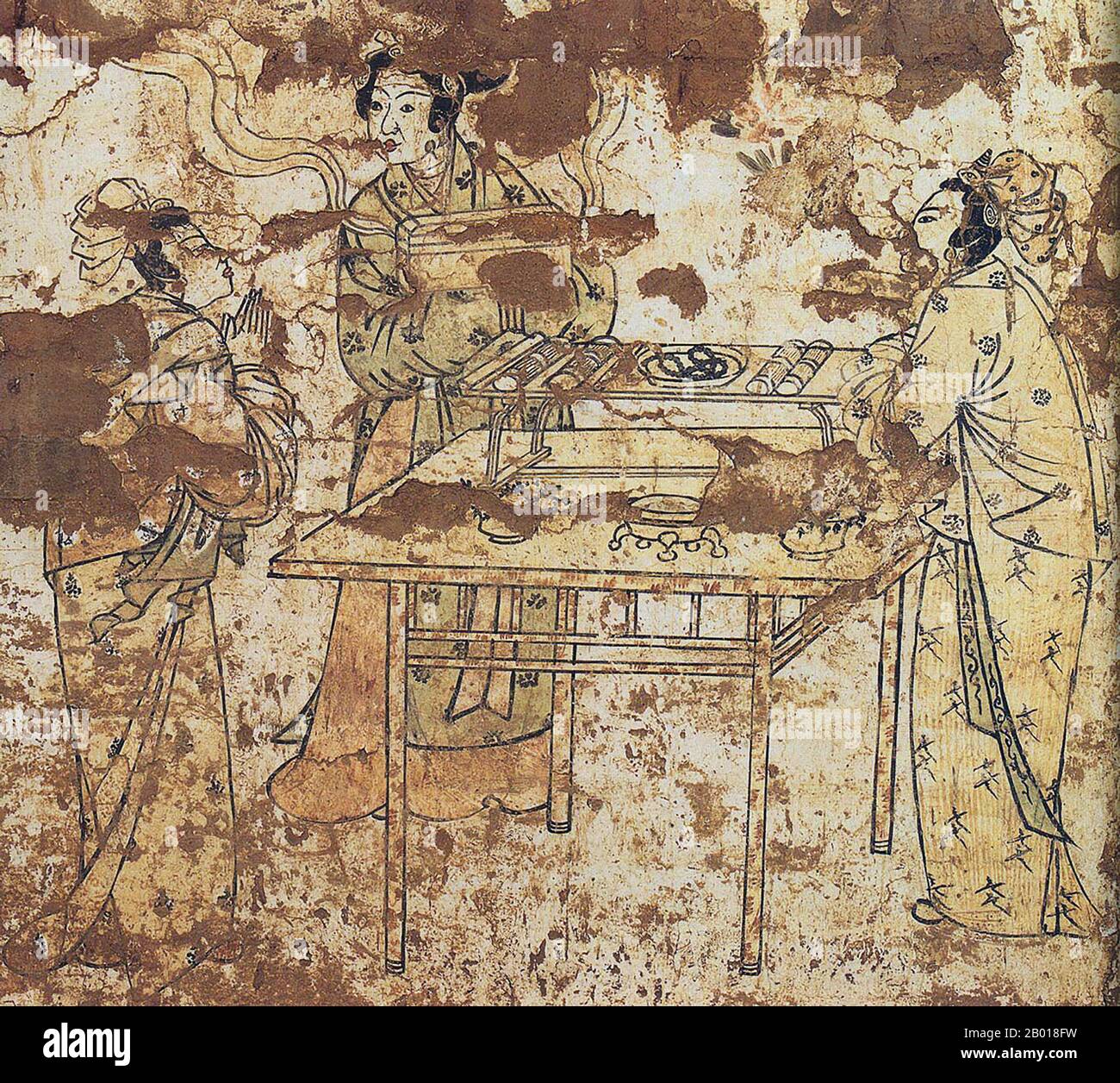 China: Preparing sutras for a religious ceremony (detail) in a mural in ...