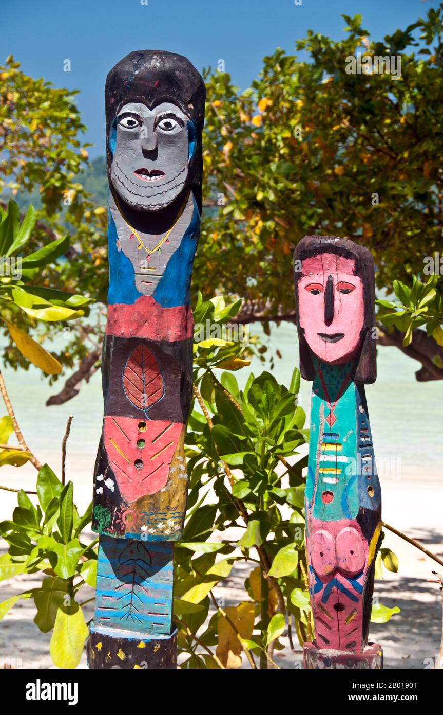 Thailand: Moken (Sea Gypsy) totems, Ko Surin Nua, Mae Ngam Beach, Surin ...