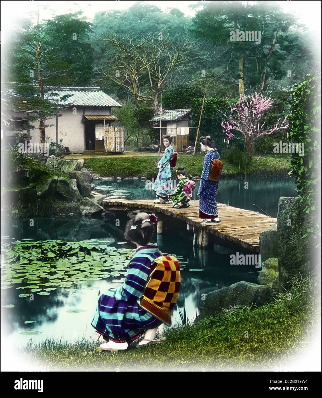 Japan: Four geisha in a park. Photo by T. Enami (1859-1929), c. 1910. T ...