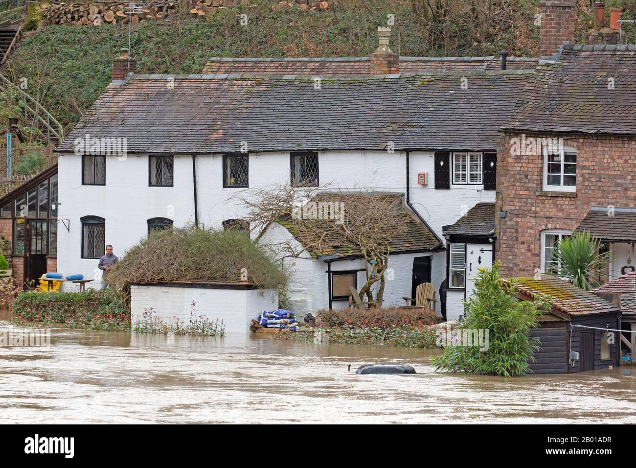 18th February 2020. The River Severn flooding in Ironbridge, Shropshire ...