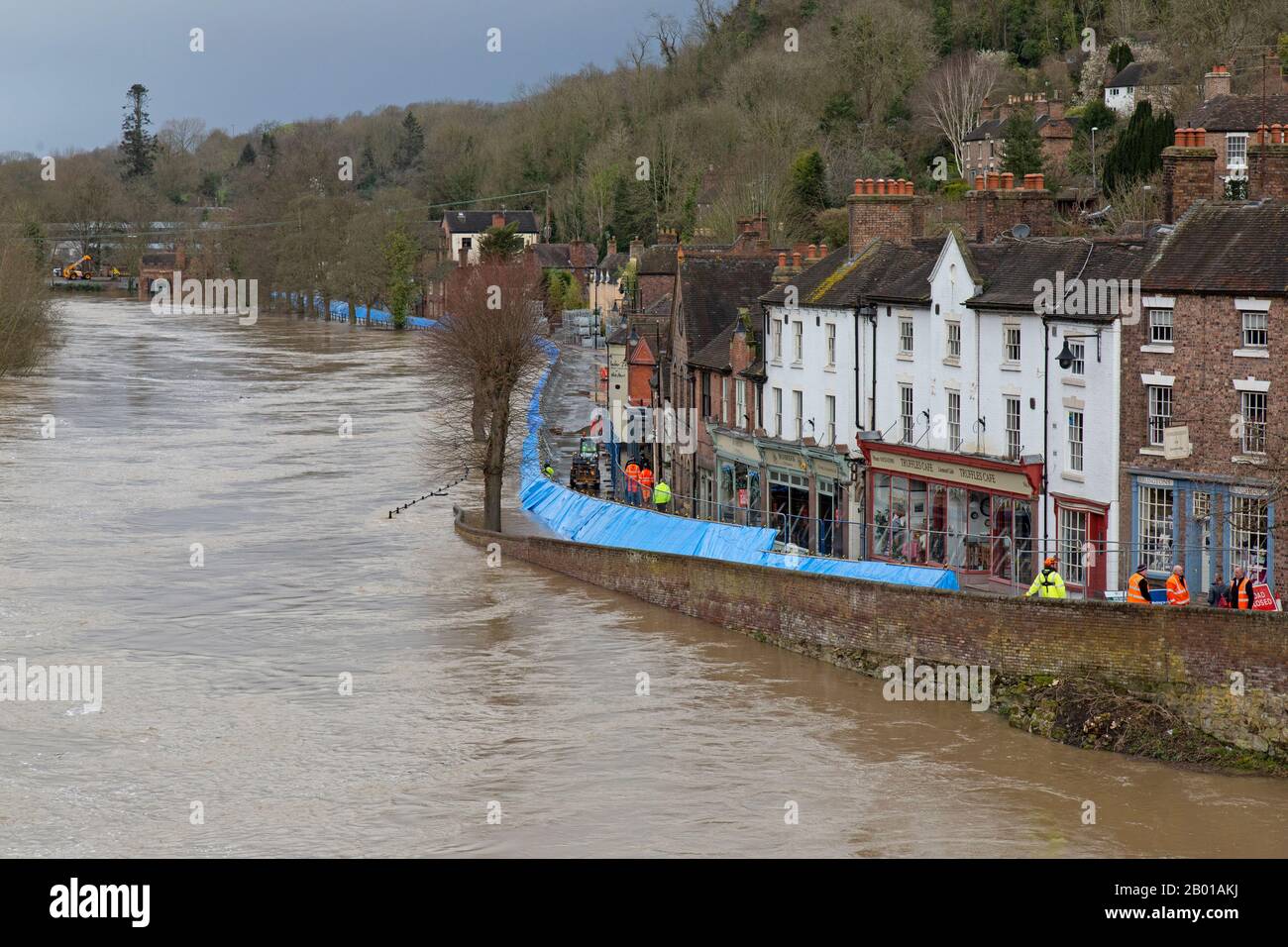 18th February 2020. The River Severn flooding in Ironbridge, Shropshire ...