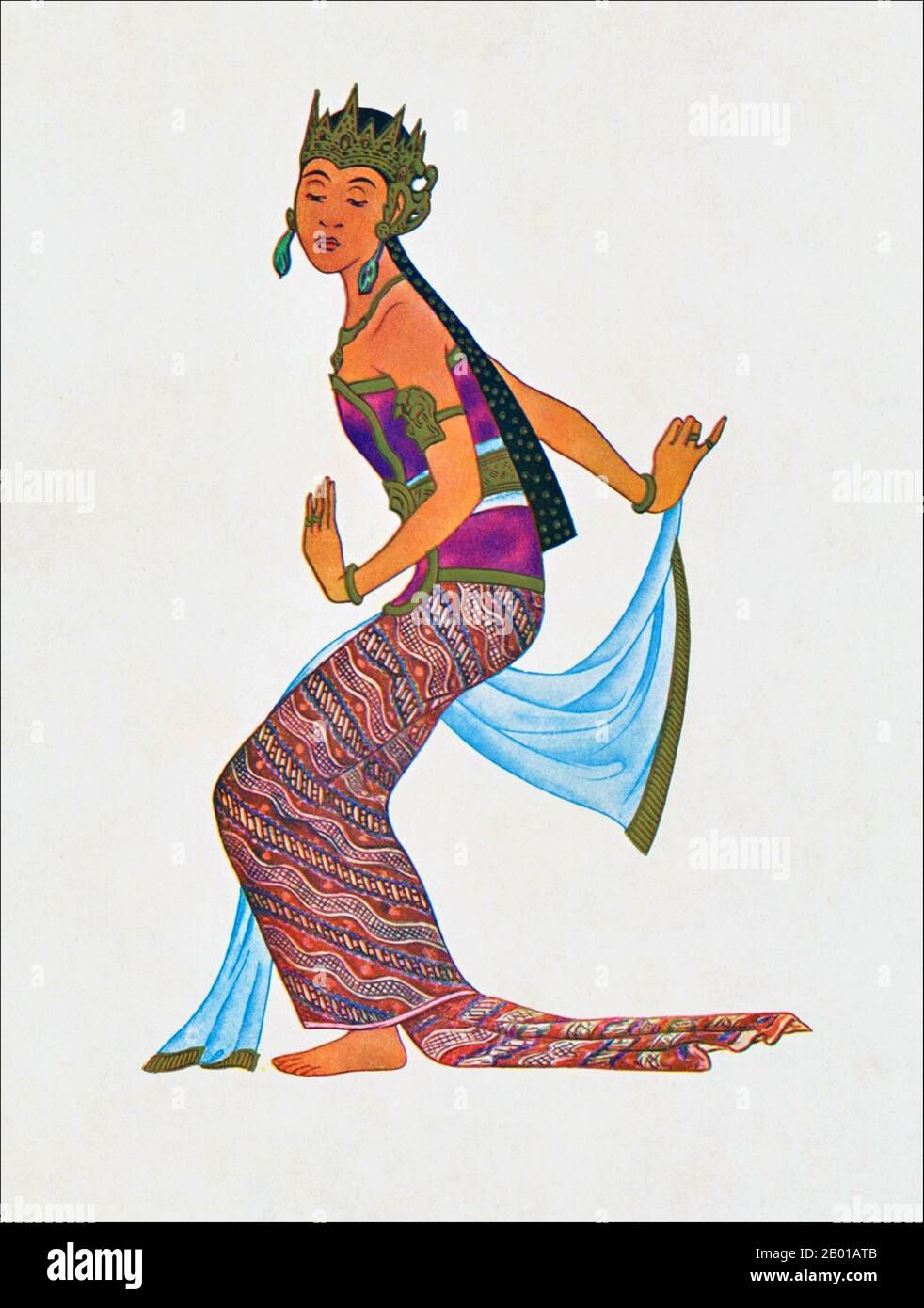 Indonesia: Javanese classical dancer. Watercolour with gouache painting ...