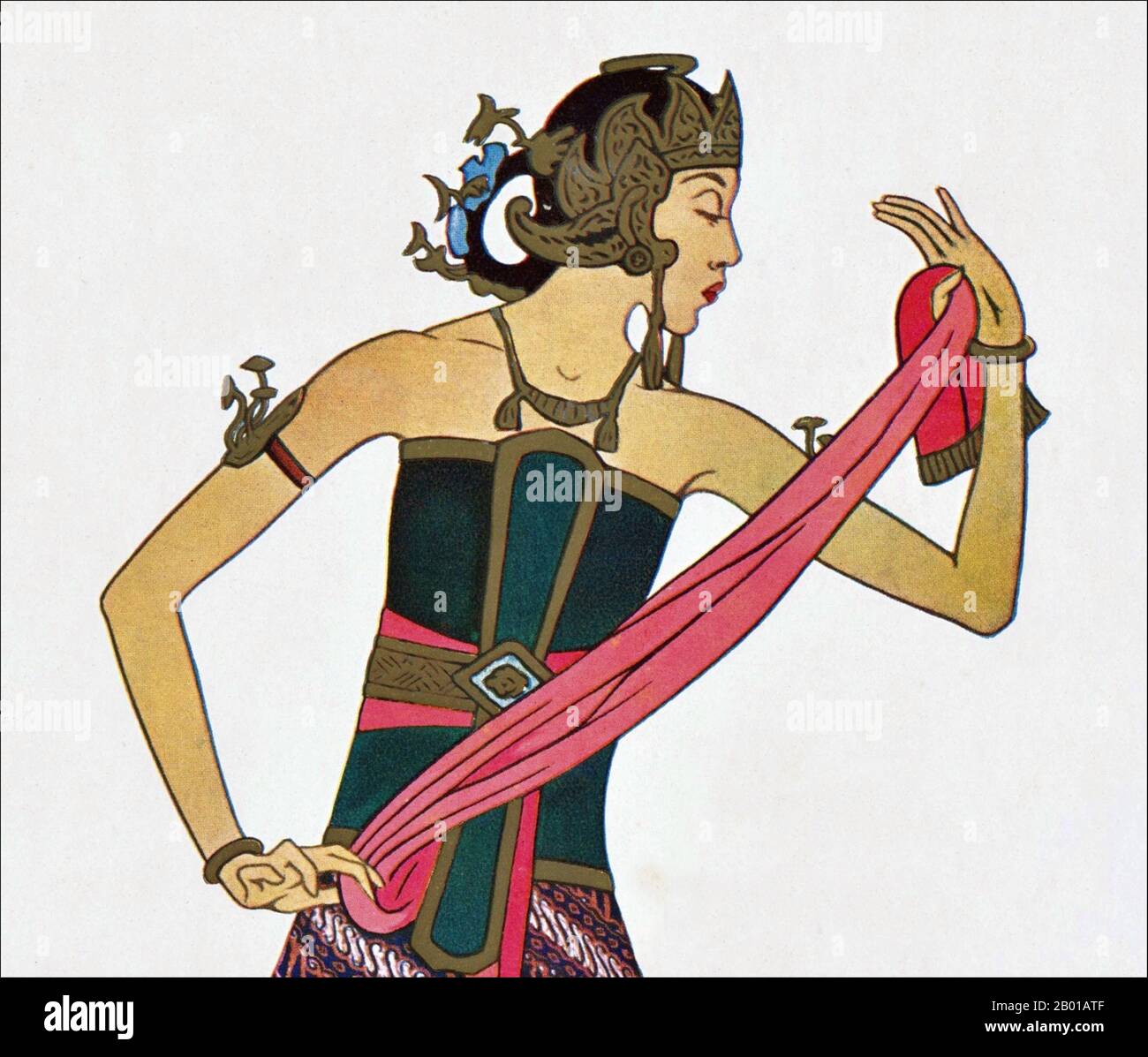 Indonesia: Javanese classical dancer. Watercolour with gouache painting ...