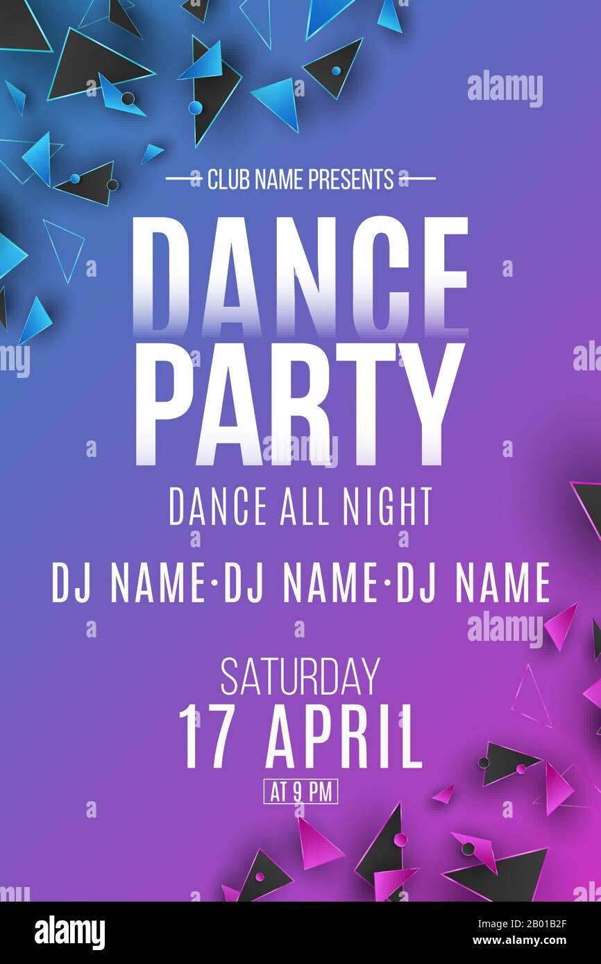 Flyer for Dance Party. Purple and blue polygonal shapes. Club and DJ ...