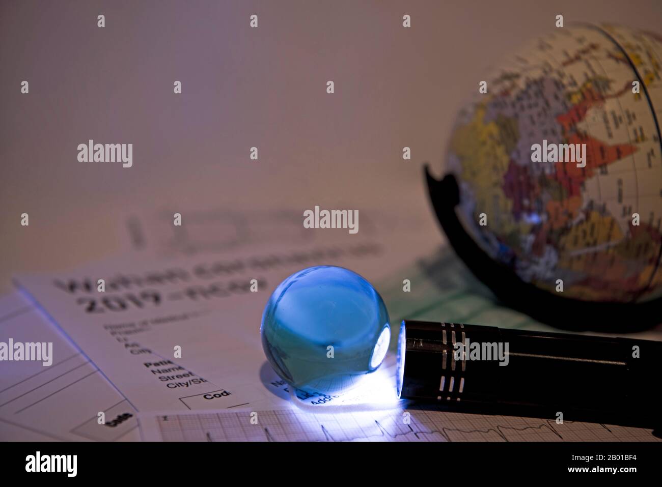 Medicine documents under ultraviolet light. Abstract photo of illness ...