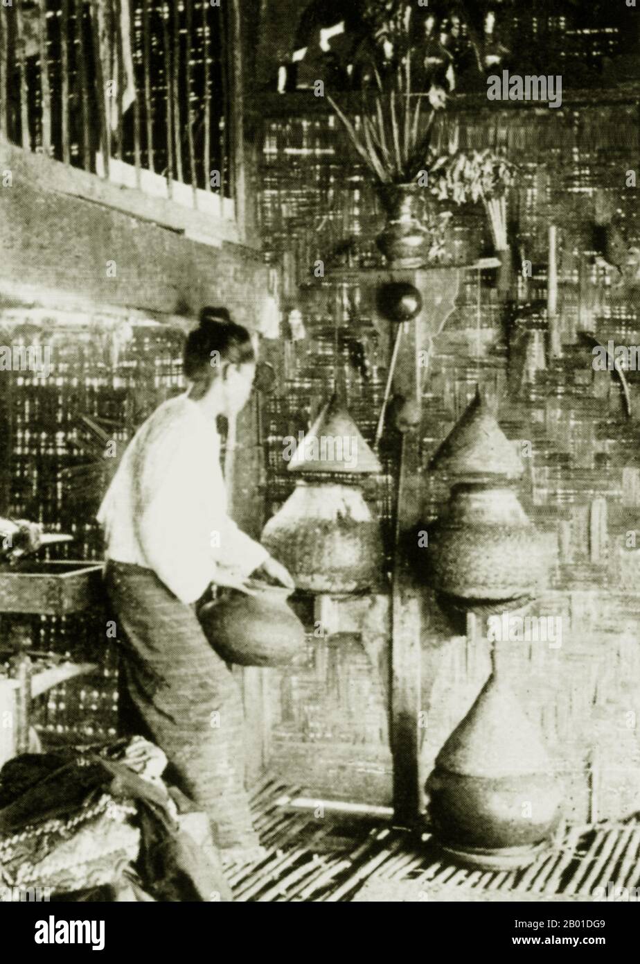 Burma: A woman places a jug of drinking water on the floor, c. 1892 ...