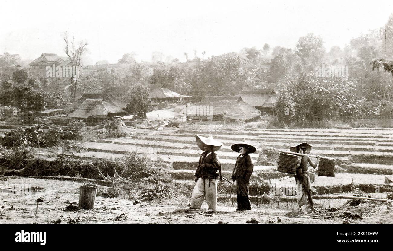 Burma: Shan farmers with village in the background, c. 1892-1896 ...